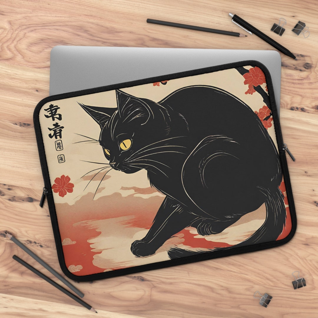 Black Cat Japanese Art Laptop Sleeve, Black Cat Ukiyo-e Style Painting ...