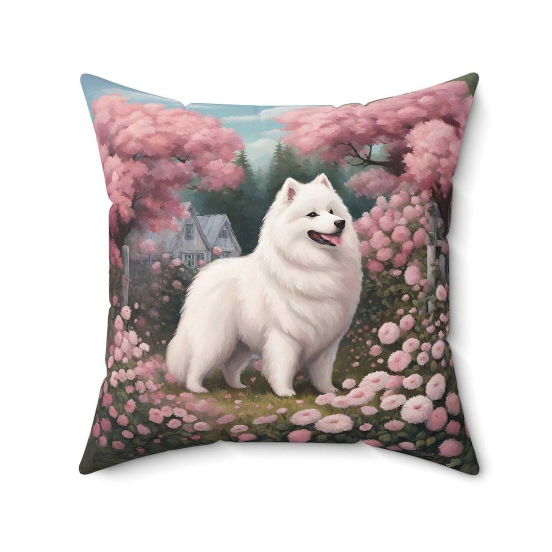Floral Samoyed Art Pillow, Vintage Samoyed Cushion, Samoyed Flowers ...