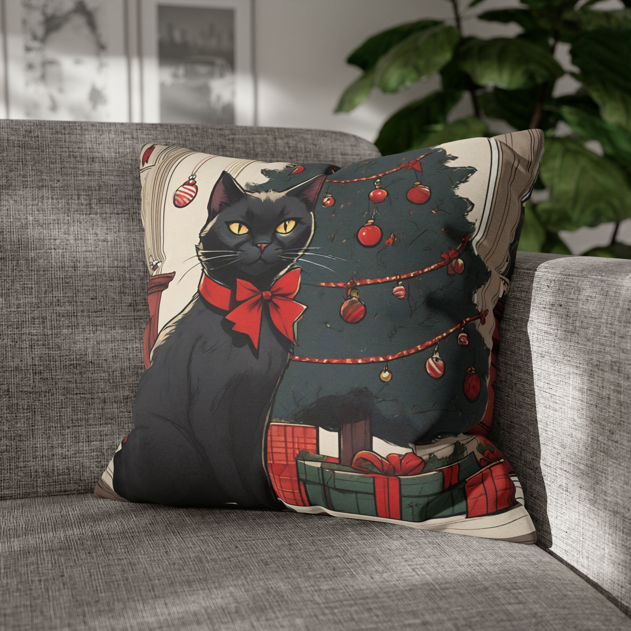 Cute Black Cat Christmas Spun Square Pillow Case, Cozy Cat Pillow Cover ...