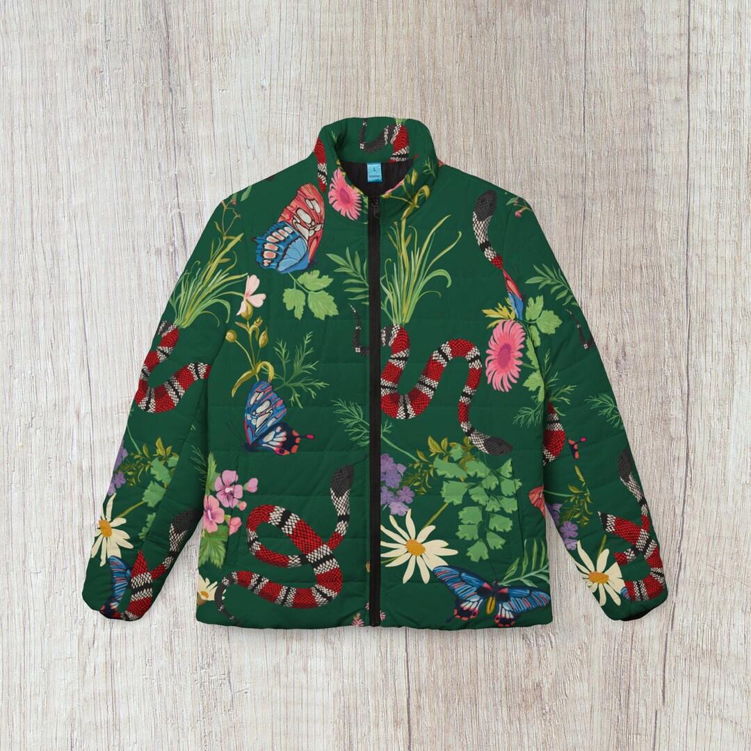 Floral Butterfly Snake Pattern Puffer Jacket, Cottage Core Women's Coat ...