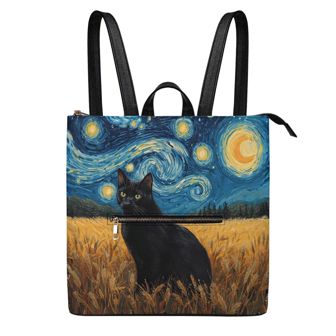 Black Cat Starry Night Backpack, Black Cat PU Leather Anti-theft Bag ...