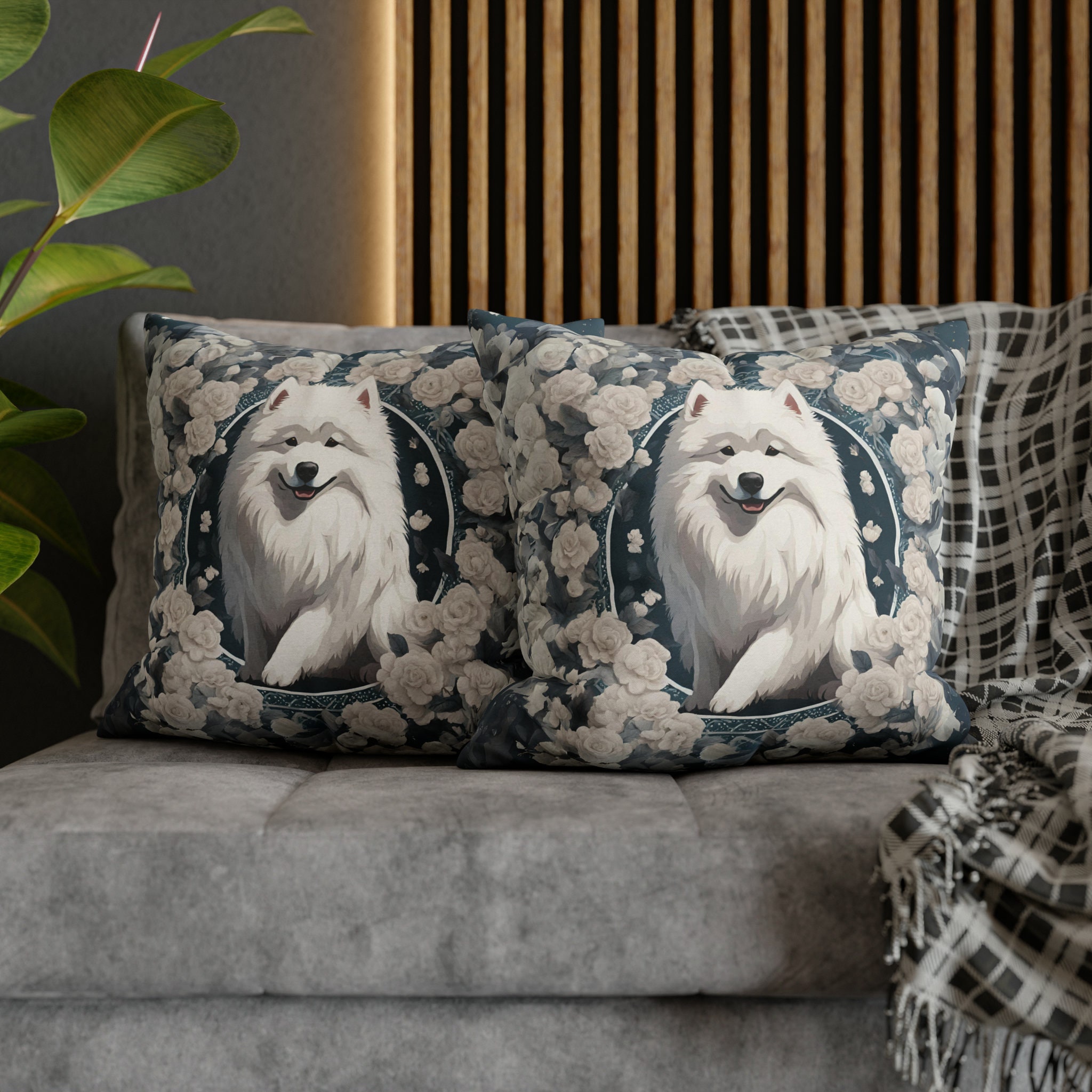 Samoyed and Flowers Square Pillow Cover, Cute Vintage Samoyed Art ...