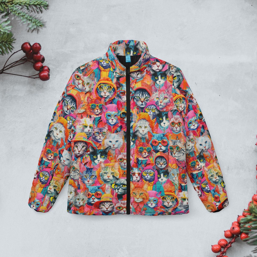 Hipster Cats Pattern Puffer Jacket, Retro Cats Pattern Puffer Jacket ...