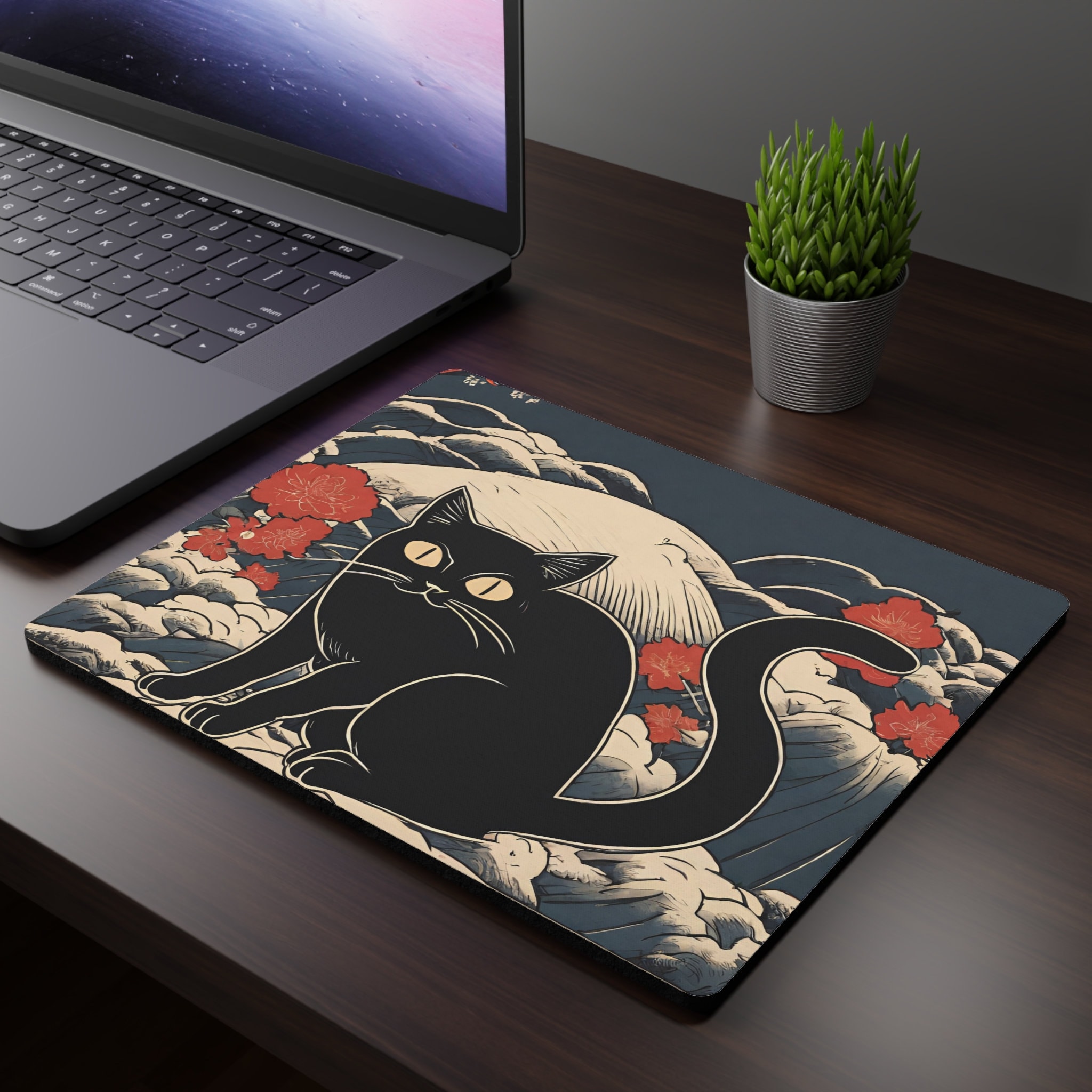 Funny Black Cat Japanese Art Mouse Pad, Ukiyo-e Style Painting Mousepad ...