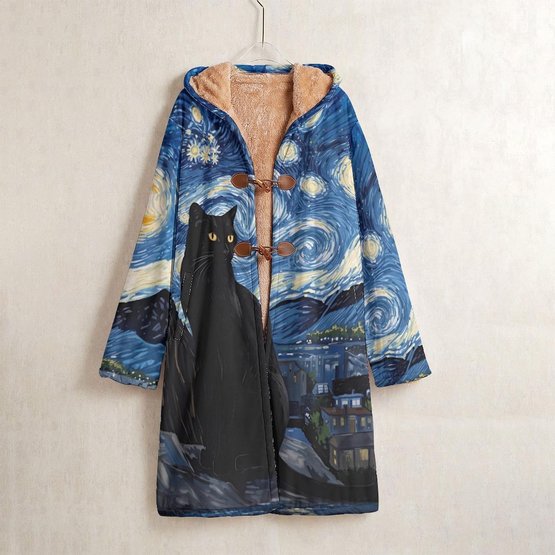 Starry Night Black Cat Hooded Coat, Black Cat Art-inspired Horn Button ...