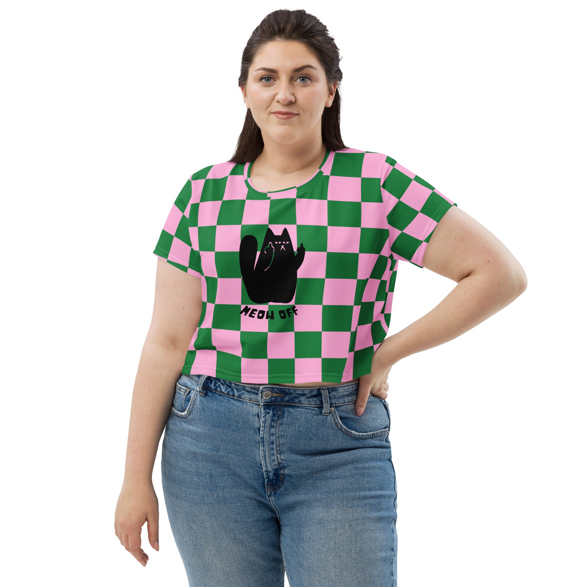 Checkered Funny Cat Crop Top, Black Cat Middle Finger Crop Tee, Crazy ...