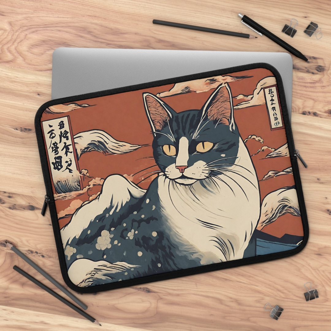 Cat Japanese Art Laptop Sleeve, Cat Ukiyo-e Style Painting Laptop Case ...
