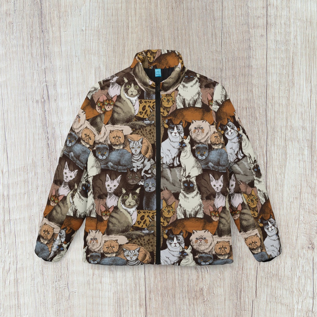 Cat Pattern Puffer Jacket, Cats Outerwear Jacket, Vintage Cat Puffer ...