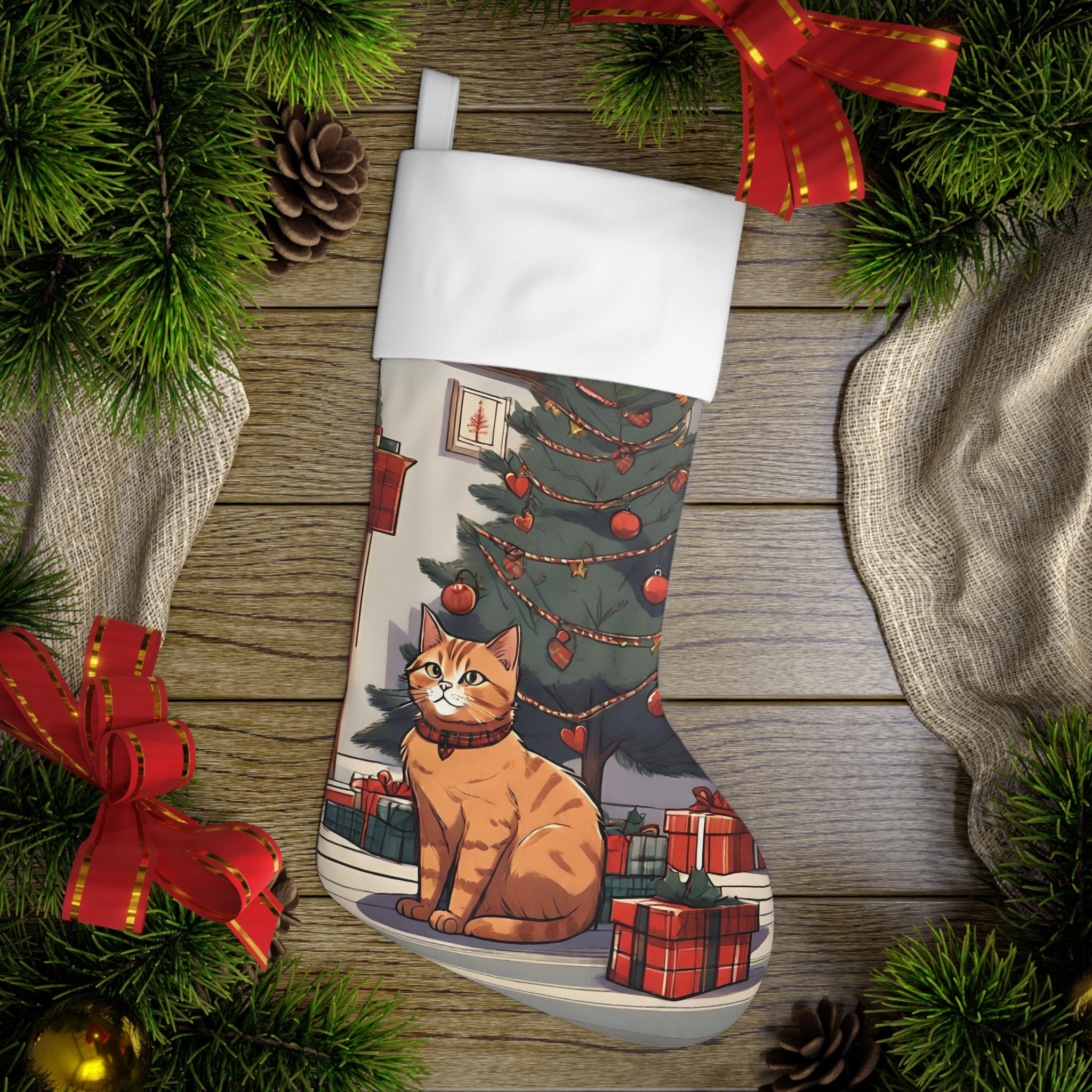 Ginger Cat Christmas Holiday Stocking, Cute Cat Xmas Stocking, Ginger ...