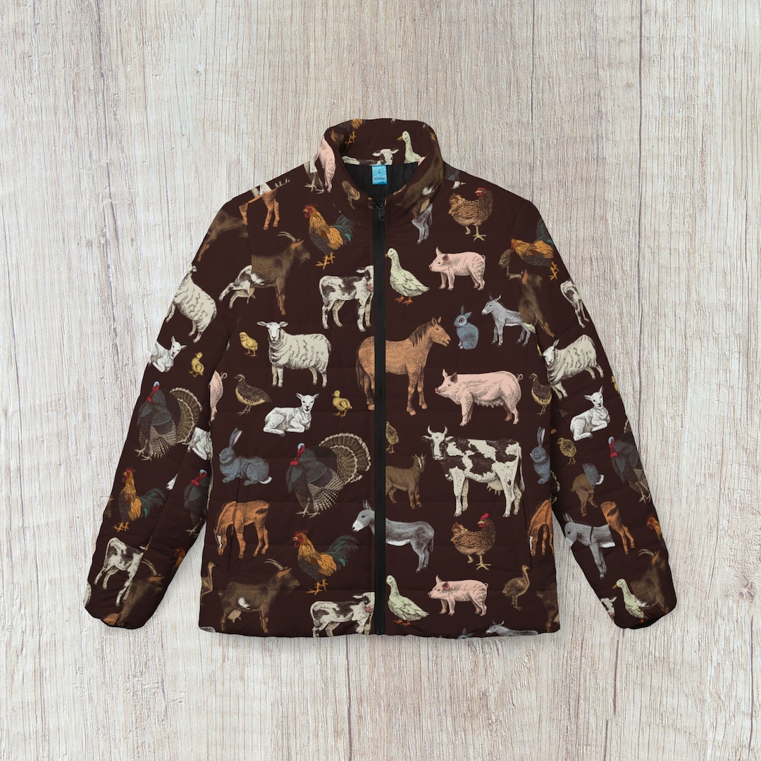 Hand Drawn Farm Animals Puffer Jacket, Cottage Core Outerwear Jacket ...