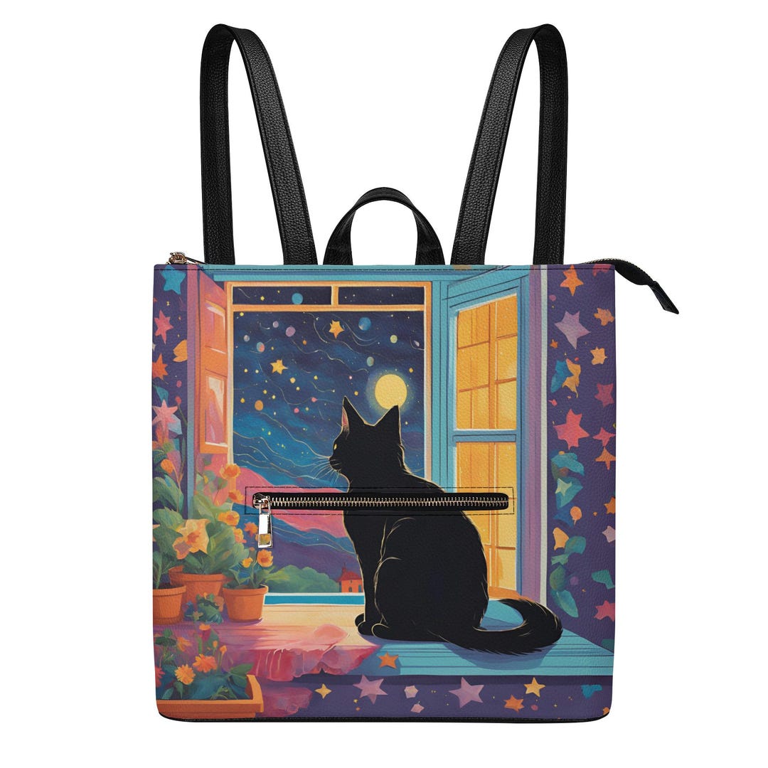 Whimsical Black Cat PU Leather Backpack | Starry Night Black Cat ...
