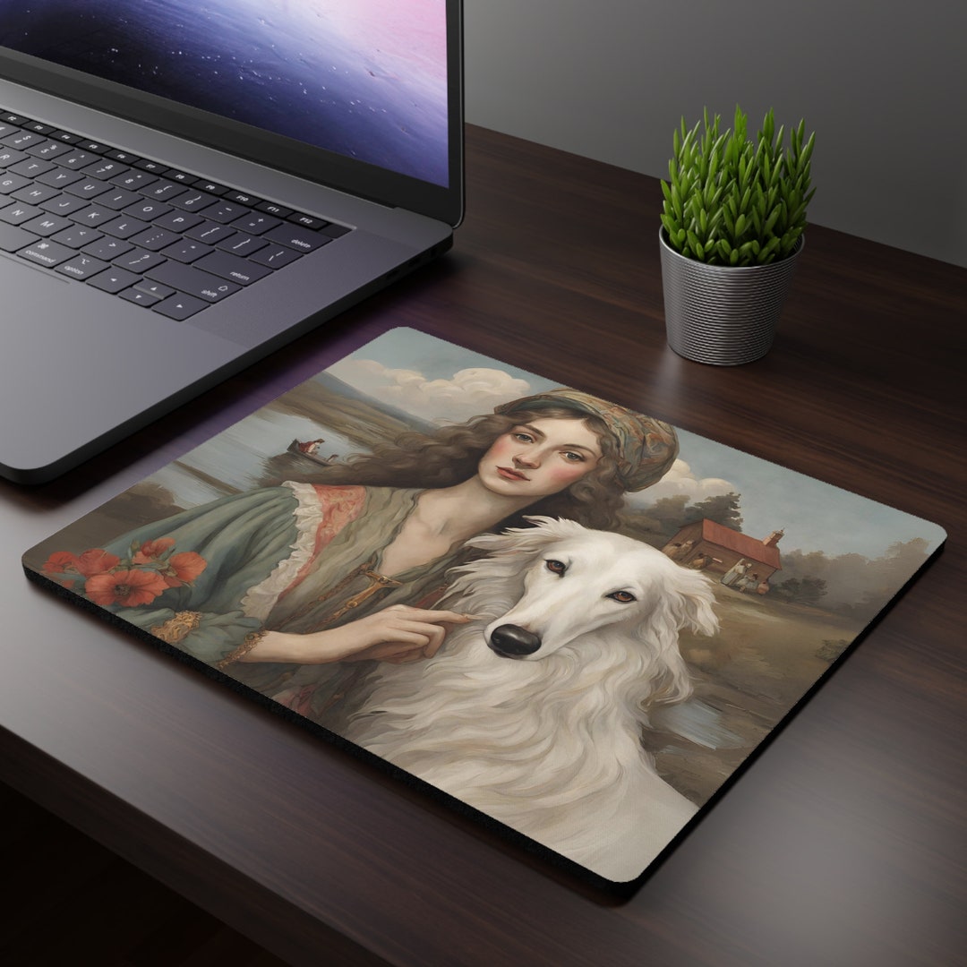 Women With Hound Dog Art Mouse Pad, Borzoi Art Desk Mat, Vintage ...
