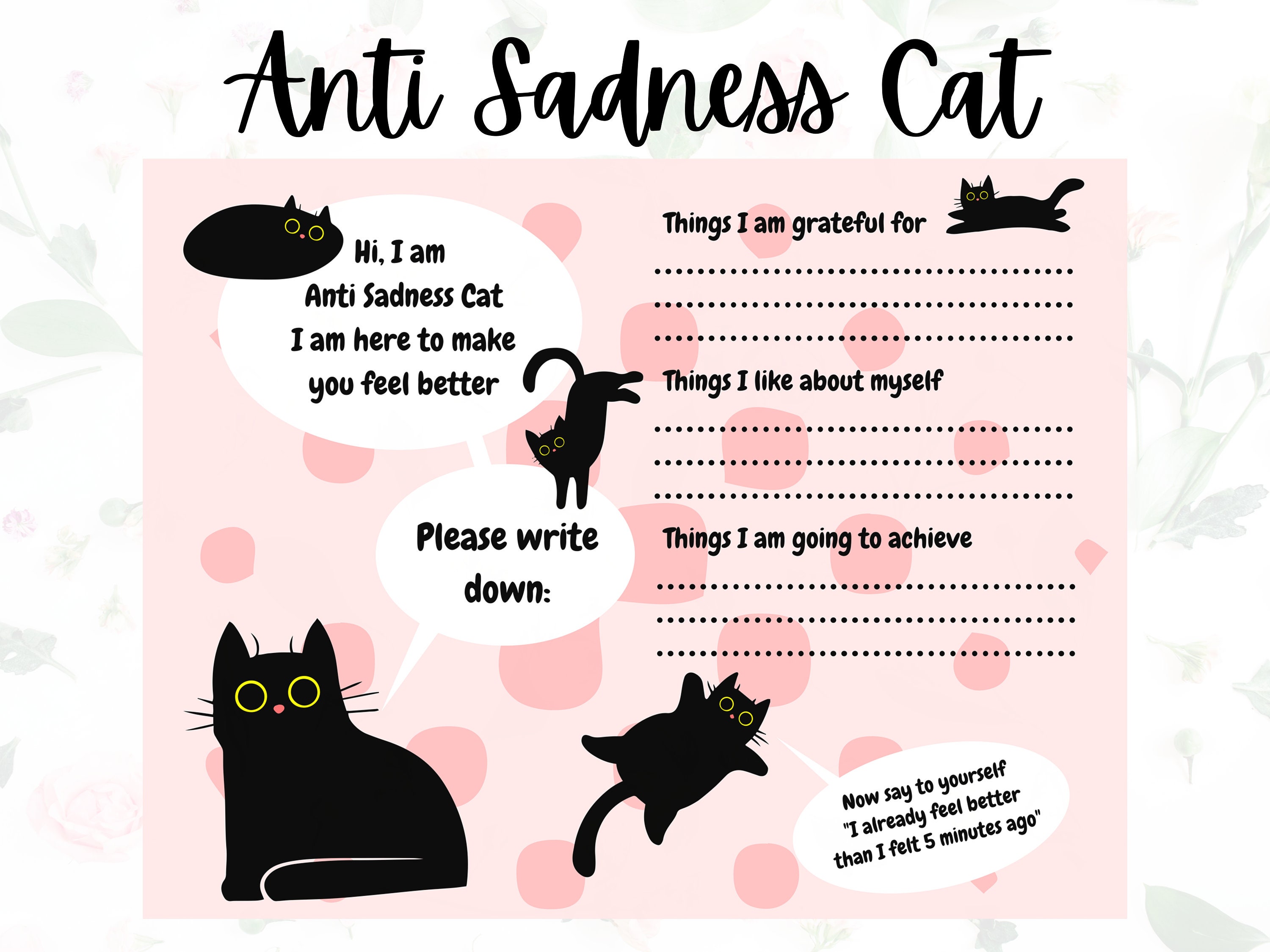 Anti Sadness Black Cat, Mental Health Worksheet Digital Product ...