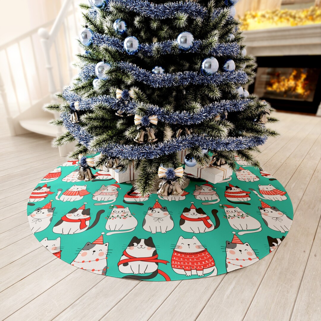 Kawaii Cats Pattern Christmas Tree Skirt, Cute Cats Merry Xmas Round ...