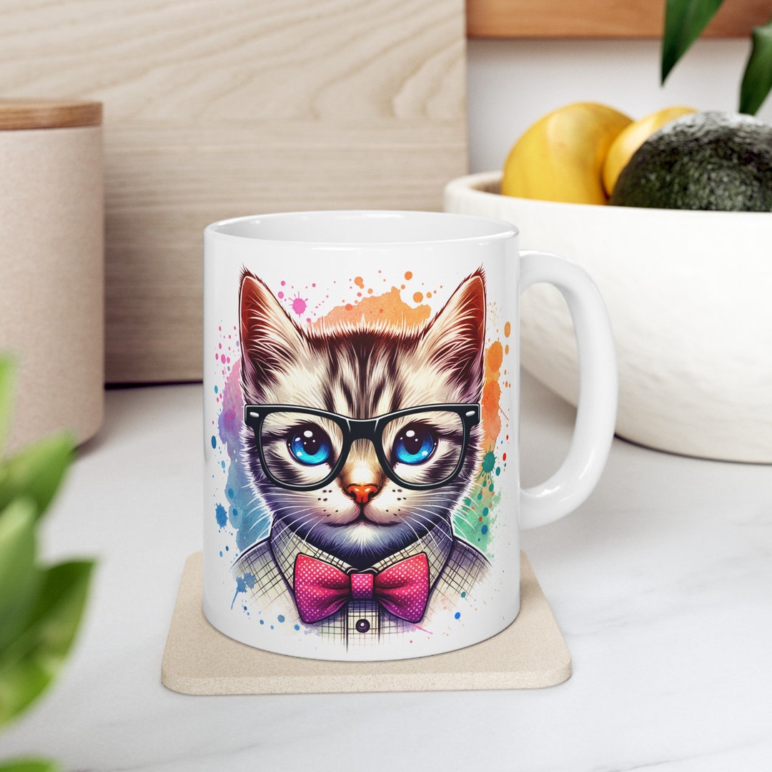 Nerdy Cat Mug, Cute Cat Coffee Mug, Girly Cat Mug, Geeky Cat Mug, Gift ...