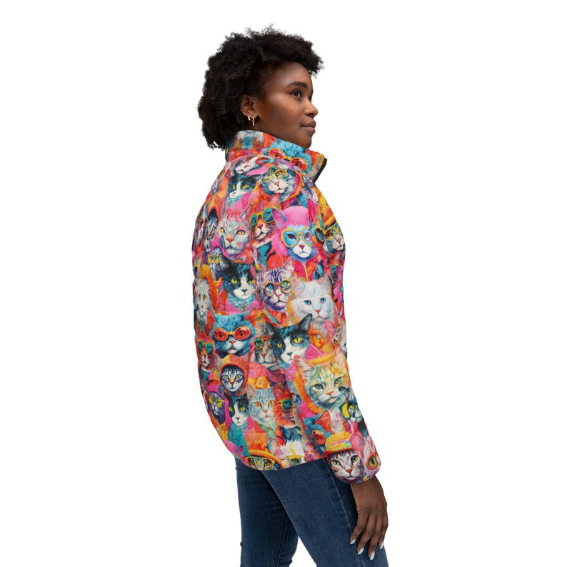 Hipster Cats Pattern Puffer Jacket, Retro Cats Pattern Puffer Jacket ...