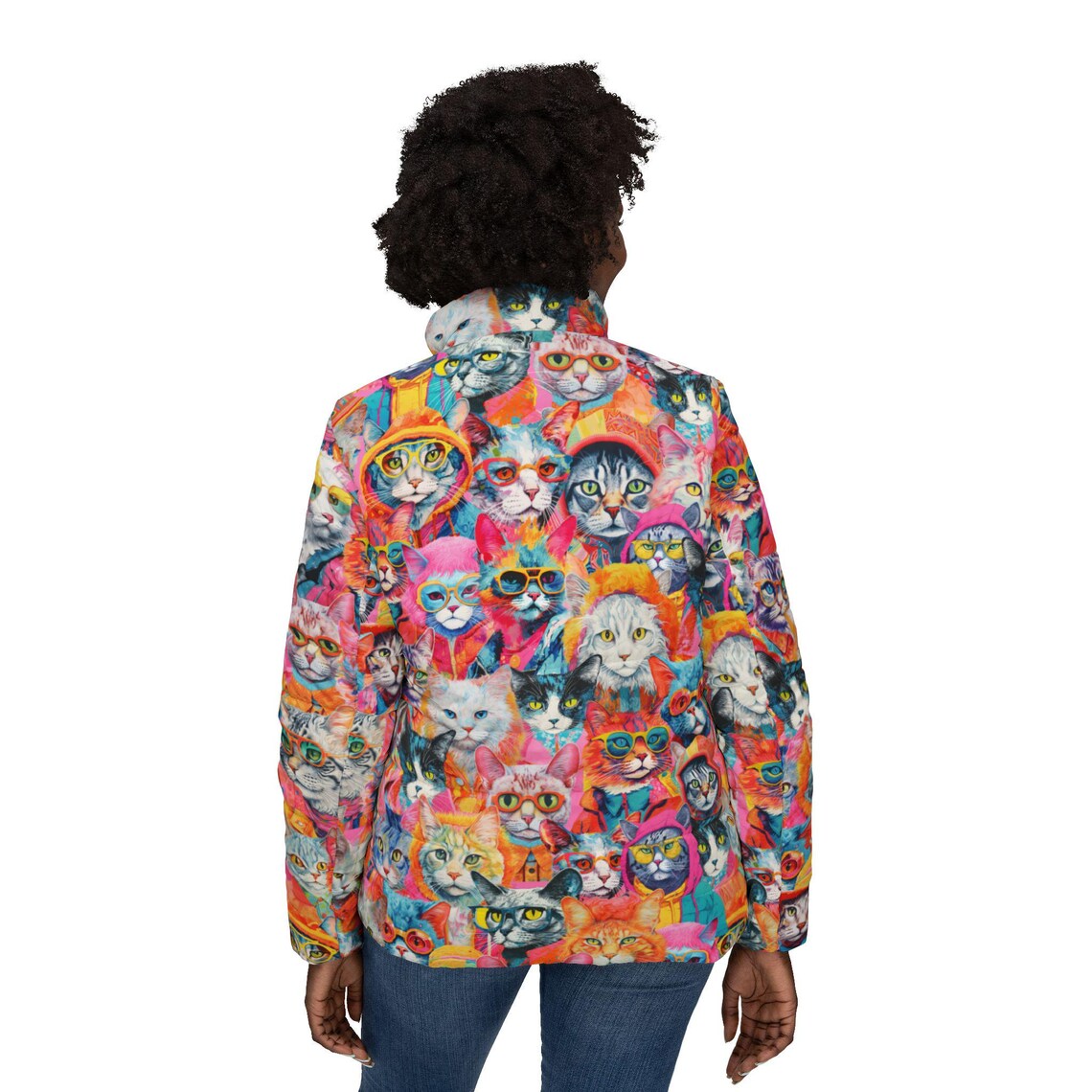 Hipster Cats Pattern Puffer Jacket, Retro Cats Pattern Puffer Jacket ...