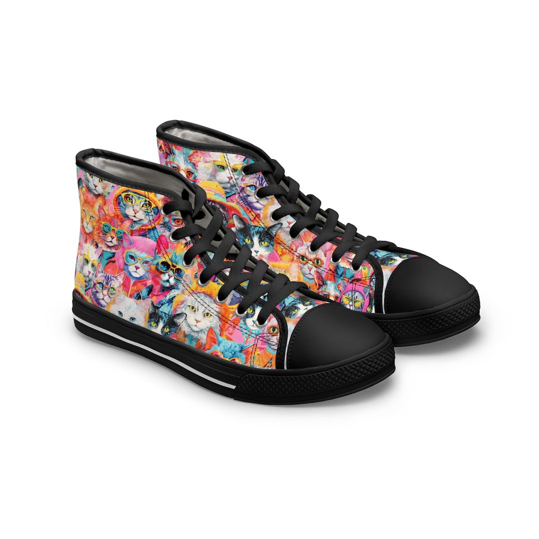 Retro Cats Pattern Women's High Top Sneakers, Hipster Cats Pattern ...
