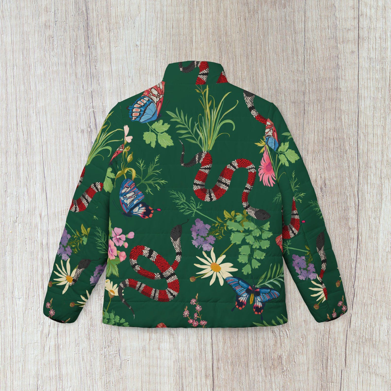 Floral Butterfly Snake Pattern Puffer Jacket, Cottage Core Women's Coat ...