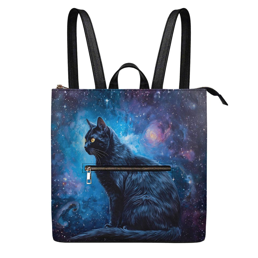 Galaxy Black Cat Backpack, Cosmic Cat Witchy Aesthetic PU Leather Bag ...
