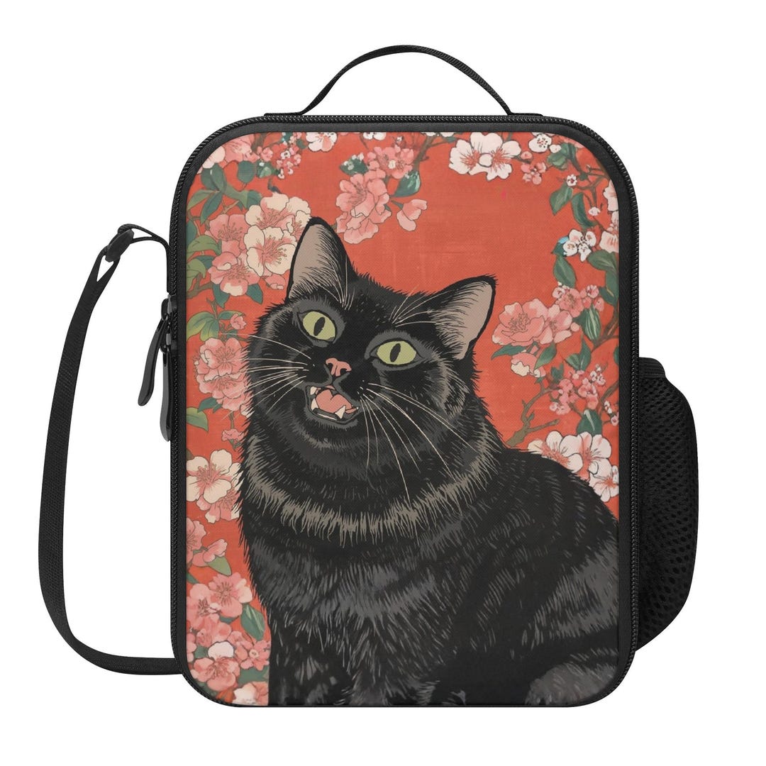 Japanese Black Cat Lunch Box Bag, Oriental Cute Cat Thermal Insulated ...