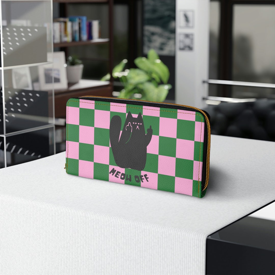 Checkered Funny Cat Wallet, Black Cat Middle Finger Meow off Wallet ...