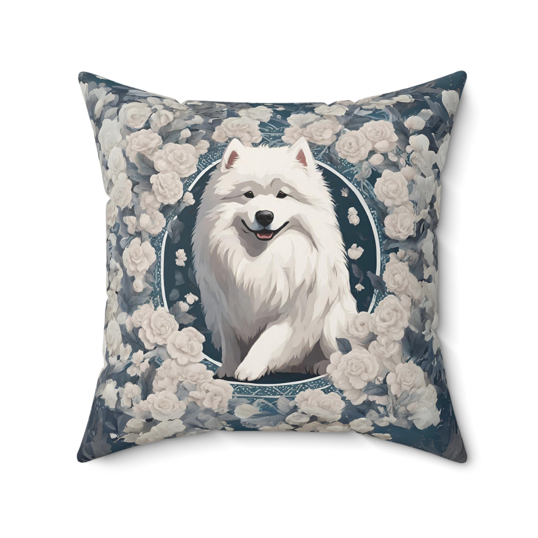 Floral Samoyed Art Pillow, Vintage Samoyed Cushion, Samoyed Flowers ...