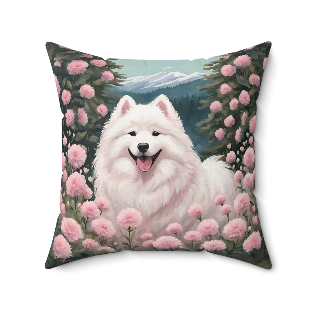 Floral Samoyed Art Pillow, Cottagecore Art Cushion, Samoyed Flowers ...