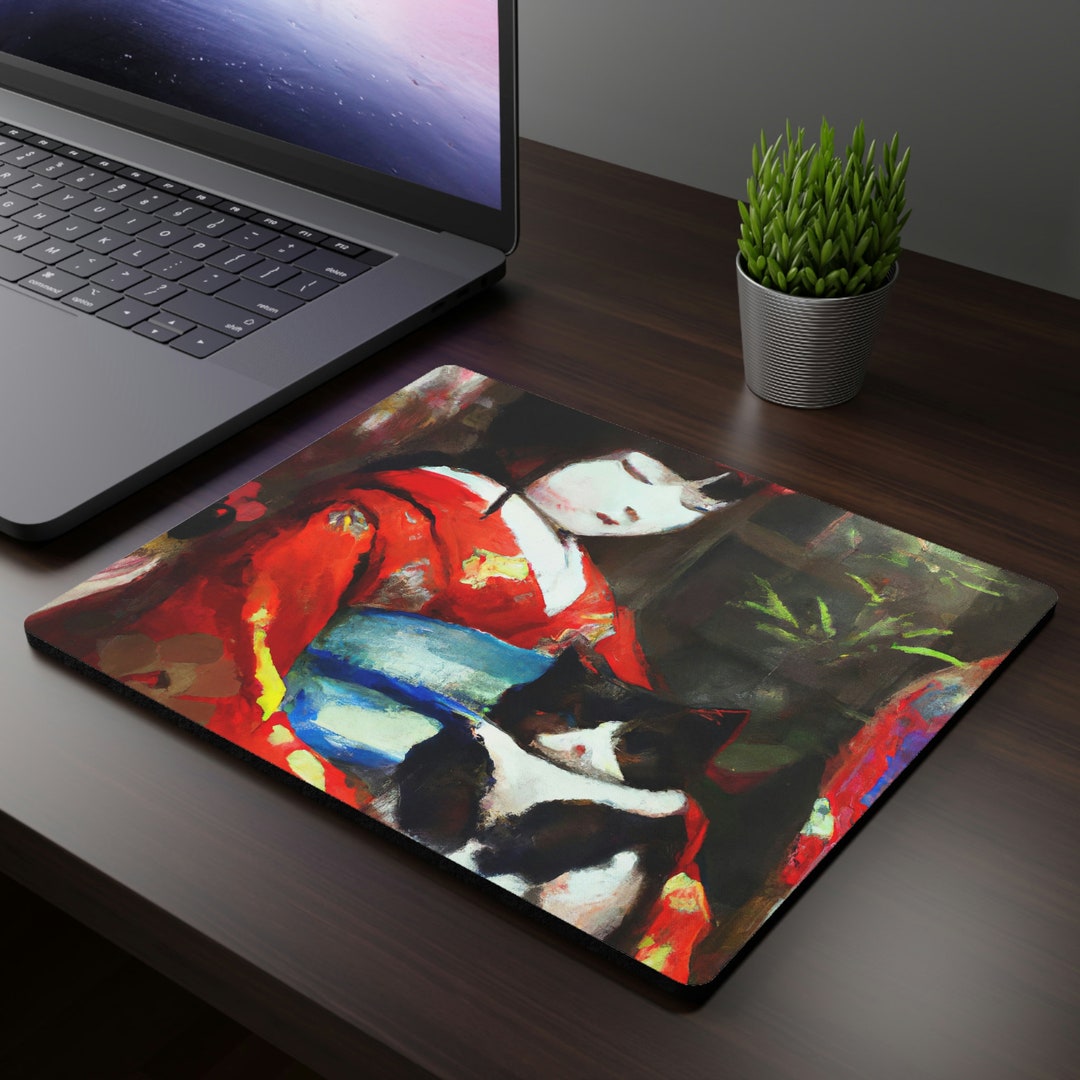 Geisha and Cat Round Mouse Pad, Maiko and Cat Desk Mat, Japanese Feudal ...