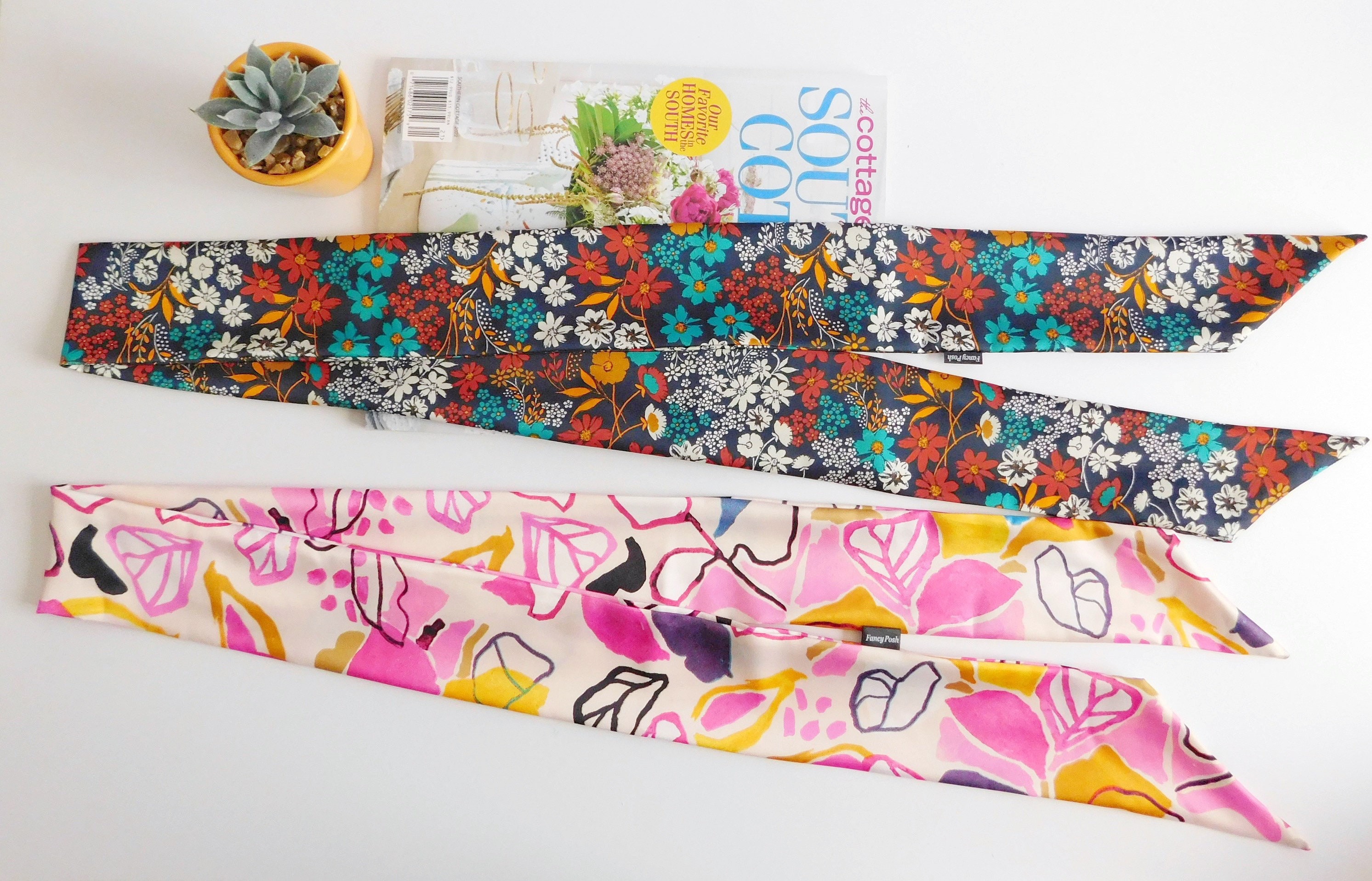 Handmade Floral Silky Satin Scarf: Long Tail, Hair Tie, Handbag ...