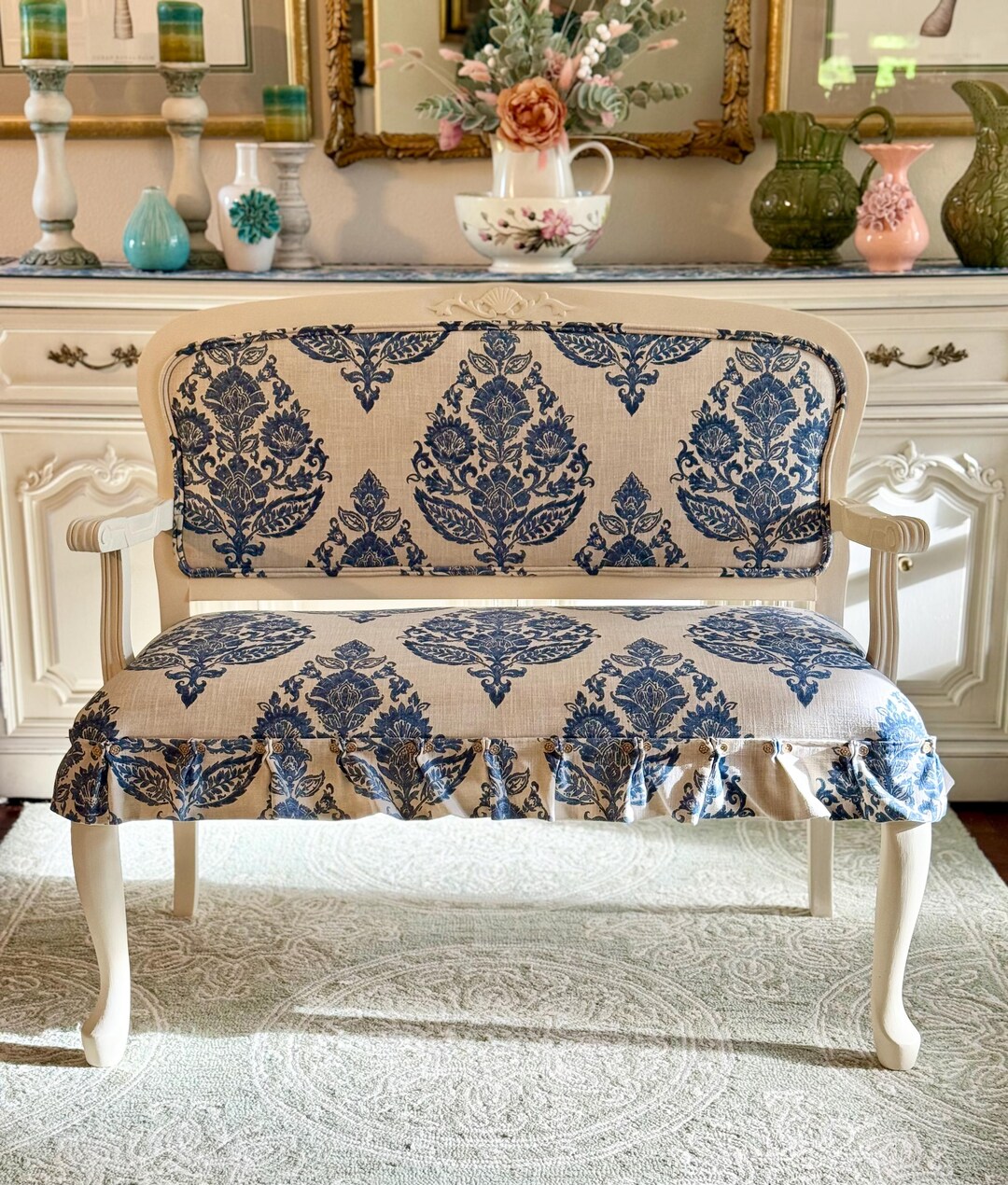 Vintage French Country Bench With Hand-pleated Trim & Carved Coconut ...