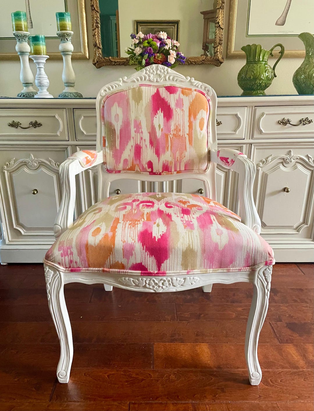 Vintage French Armchair - White Carved Frame With Ikat Front & Floral ...