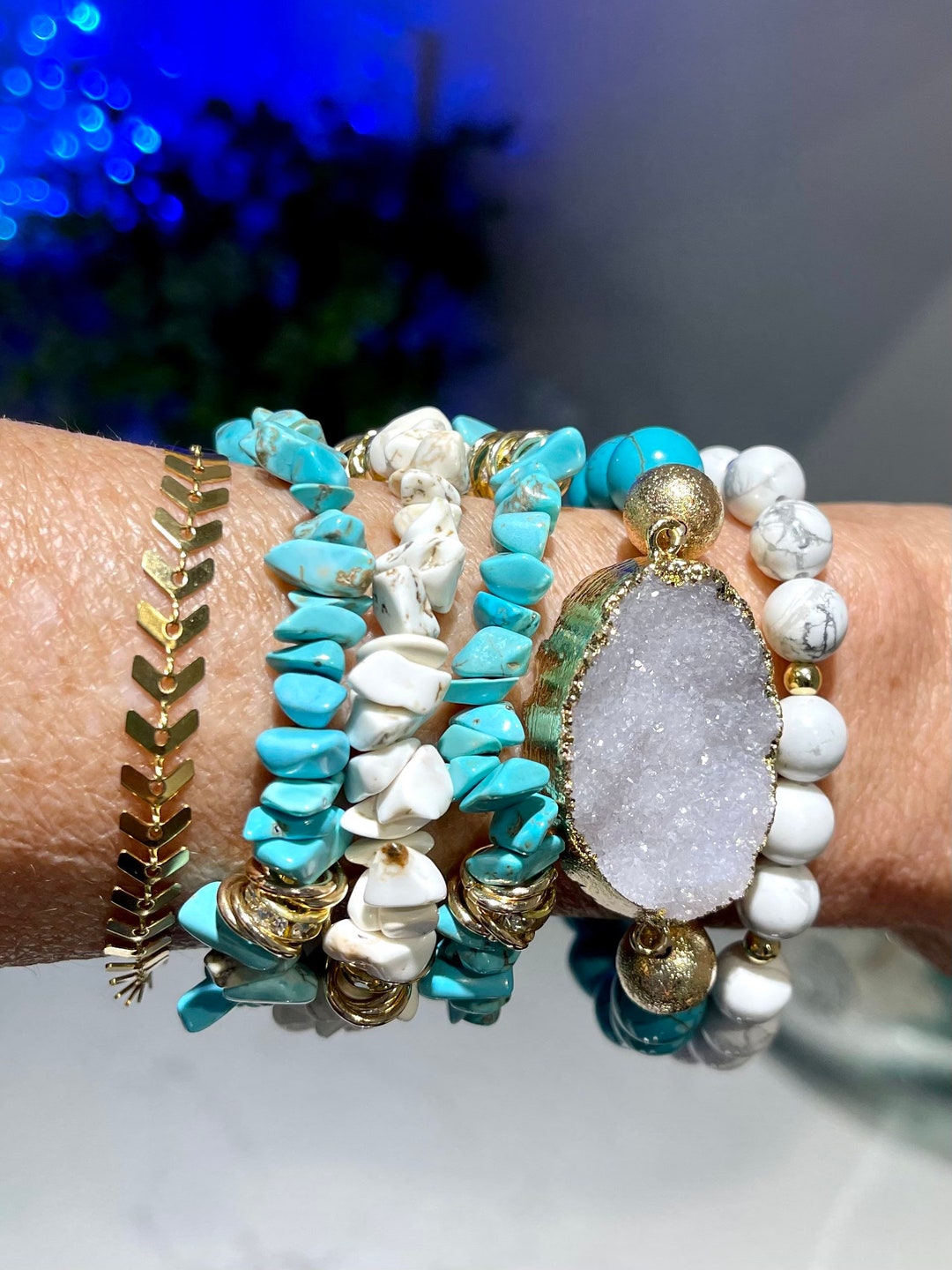 Howlite and Turquoise Chip Bracelets With a Druzy Quartz and Turquoise ...