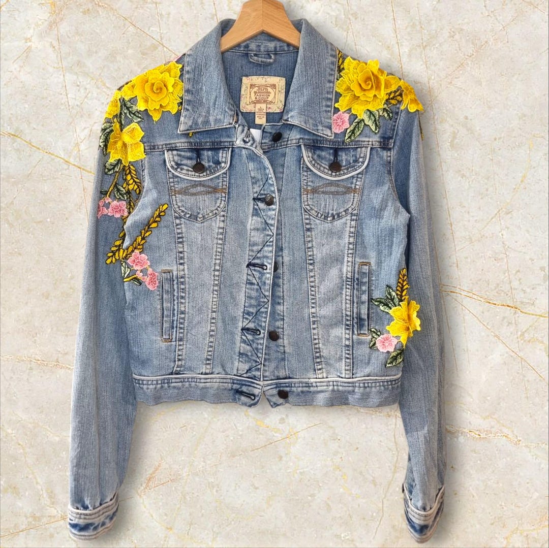 Hand Decorated Denim Jacket With Yellow Flowers Women's Denim Jacket ...