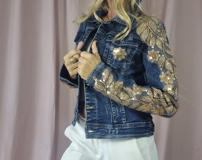 Boho Fun Denim Jacket 'olina' L, Whimsy Patched Jean Jacket, Farm Chic ...