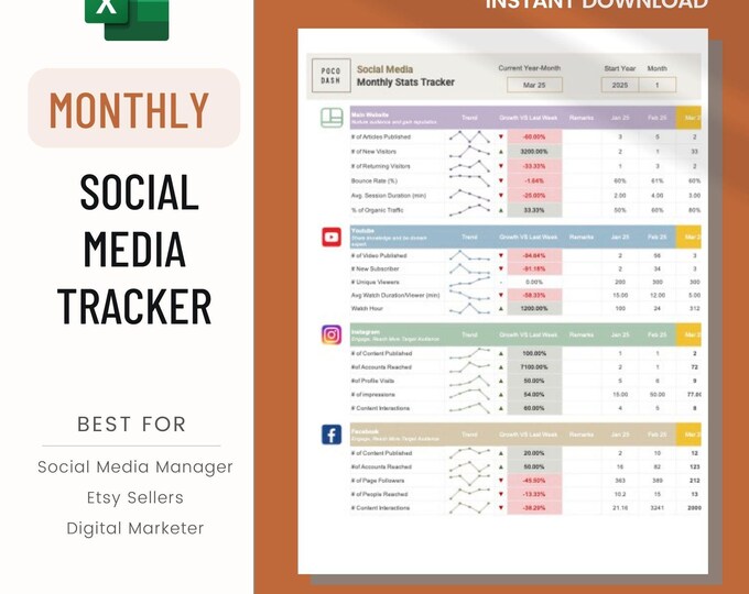 EXCEL - Monthly Social Media KPI Tracker, Business Key Metrics ...