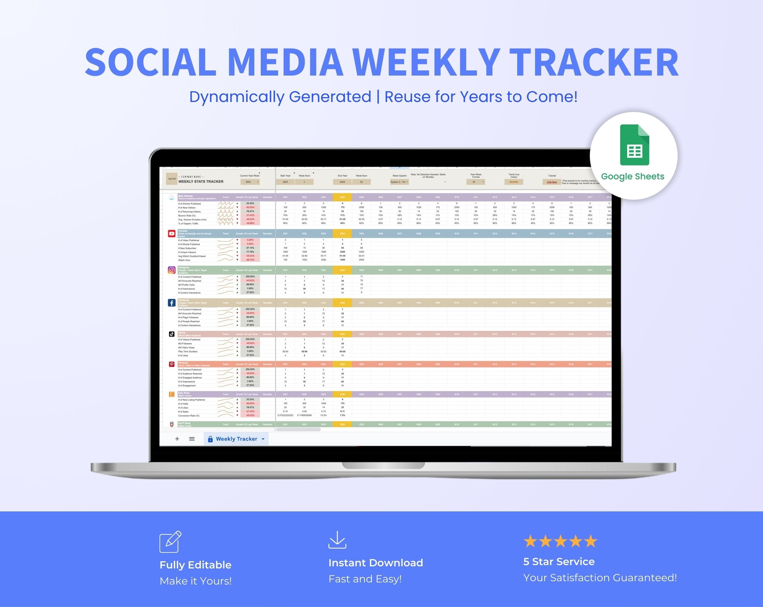 Social Media Weekly Tracker Report Template Google Sheets, KPI ...