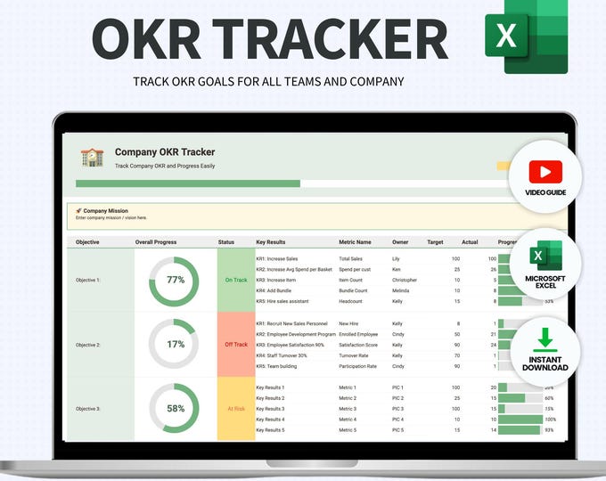 EXCEL - OKR Tracker Spreadsheet, Objective and Key Results Template, OKR Reporting Dashboard ...