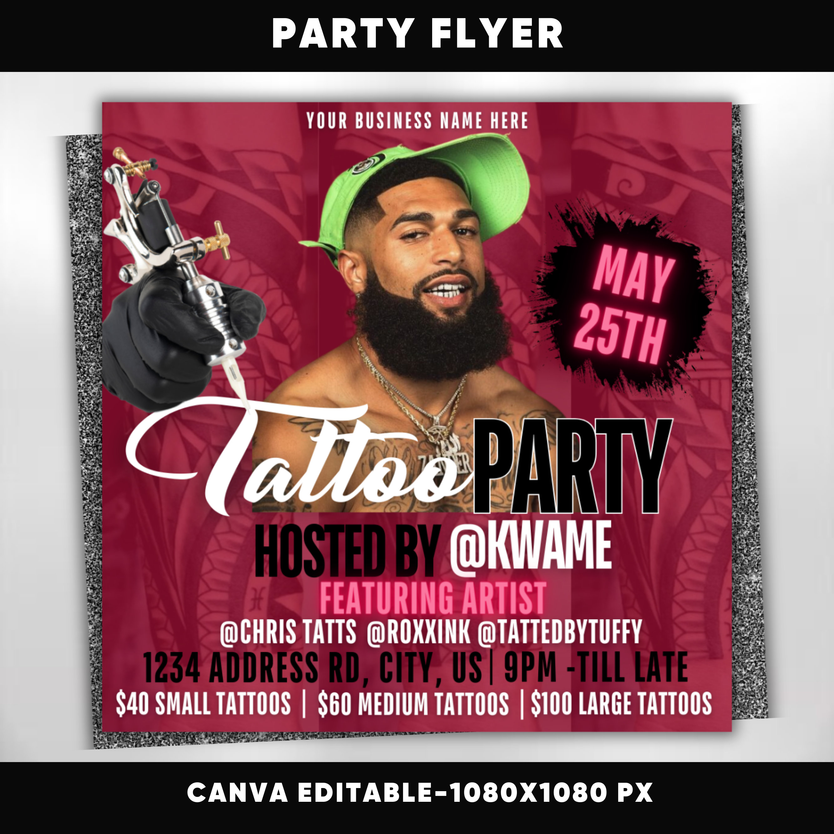 Tattoo Party Flyer, Tattoo Artist, Tattoo Party Invitation, Tattoo Shop ...