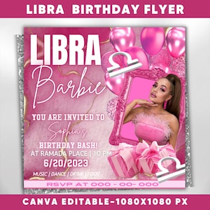 Editable Libra Birthday Flyer, Birthday Template, Birthday Girl, Pink ...