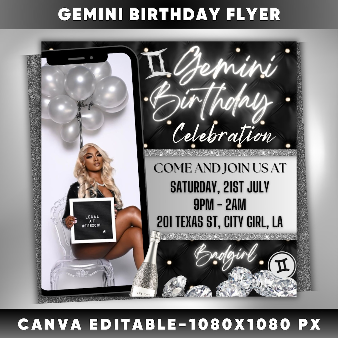 Gemini Birthday Flyer, Gemini Birthday Invitation, Birthday Event ...