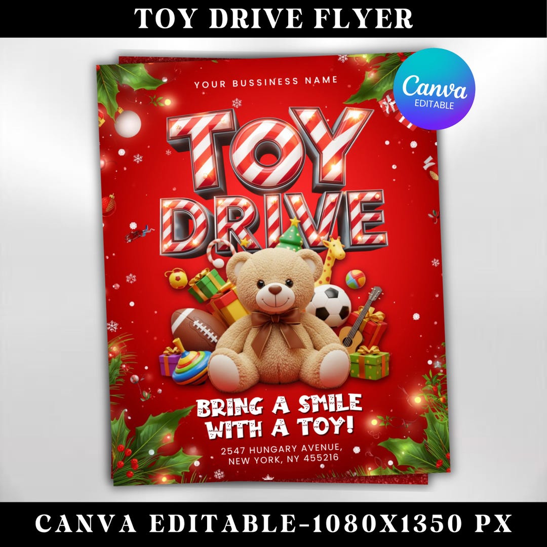 Christmas Toy Drive Flyer Canva Template, Christmas Party Flyer, Toy ...
