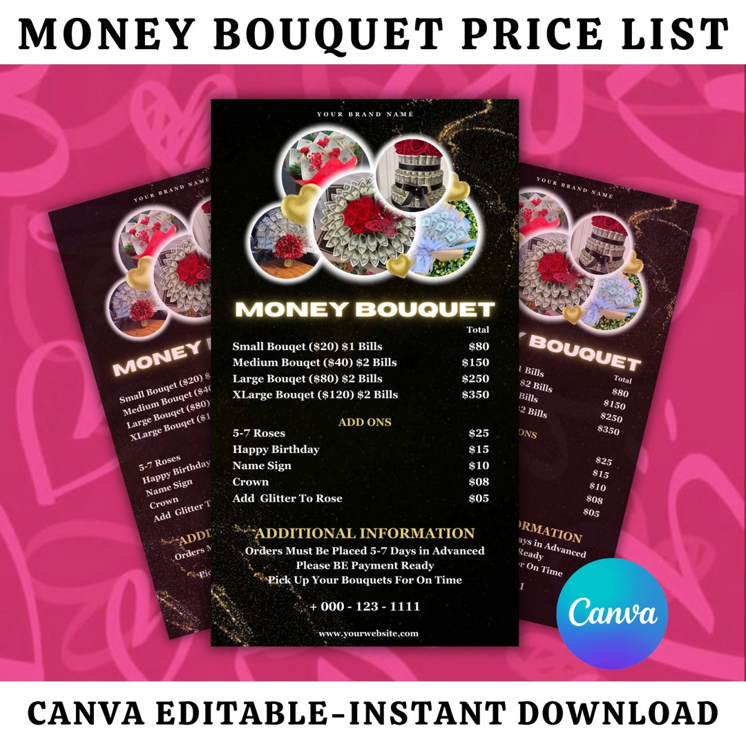 Money Bouquet Price List, DIY Flyer Template Design, Business Price List, Editable Price List ...