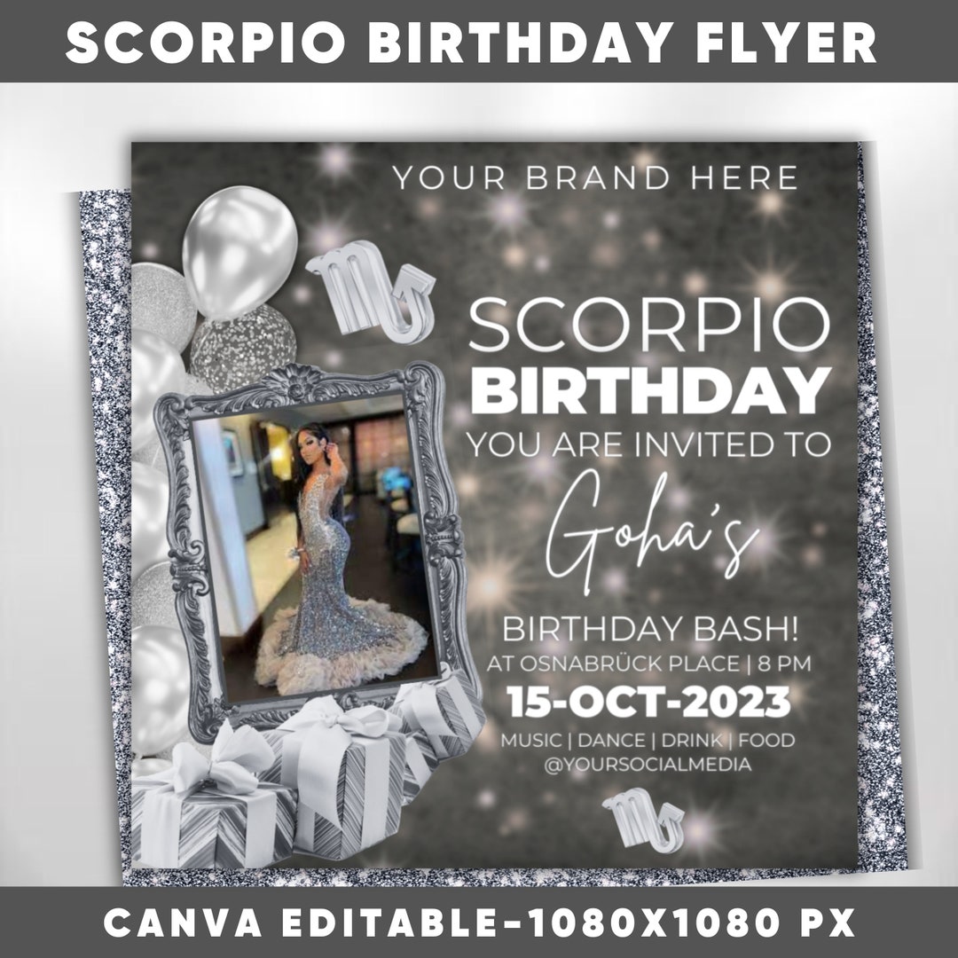 Scorpio Birthday Flyer, Birthday Template, Birthday Girl, Party Flyer ...