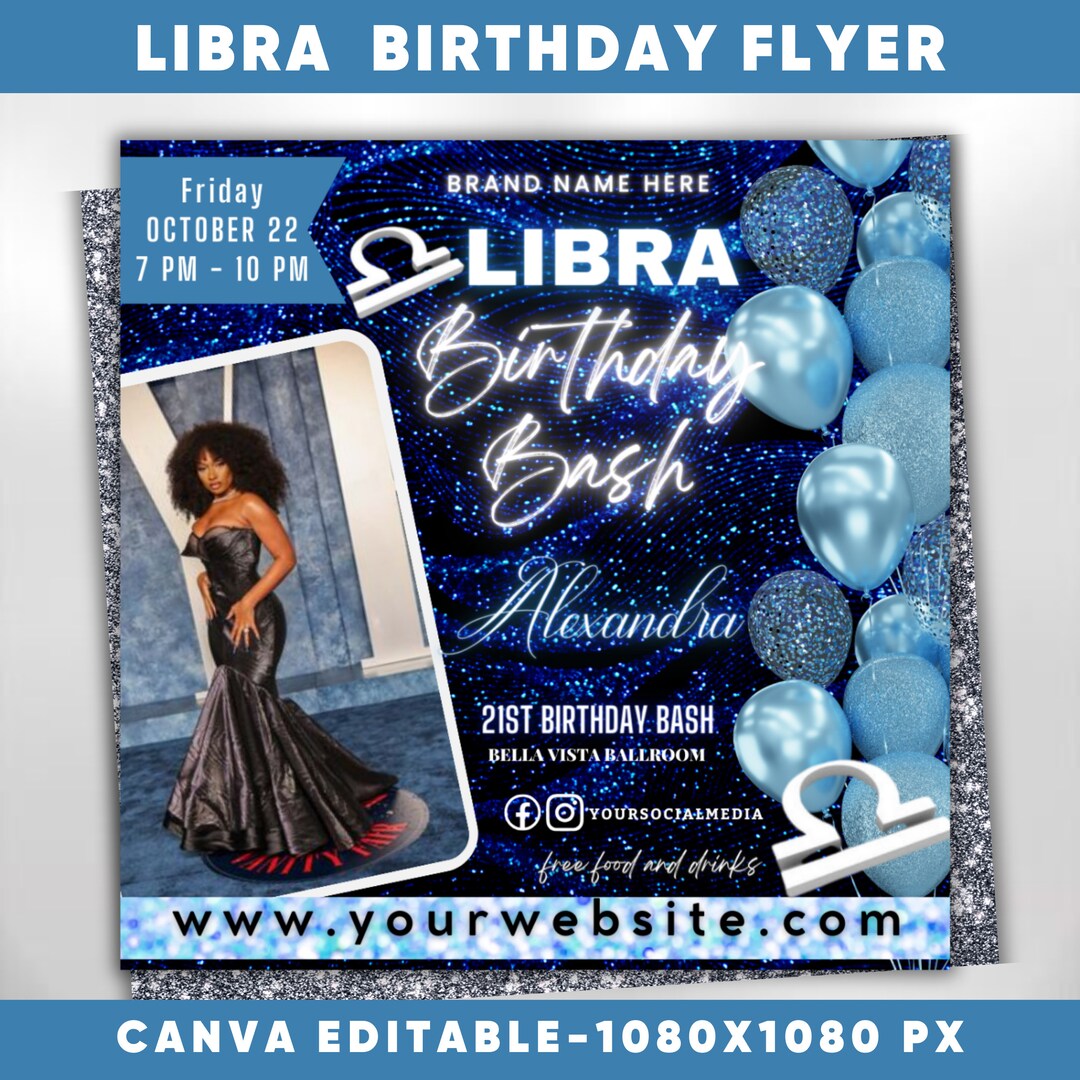 Libra Birthday Flyer, Birthday Template, Birthday Girl, Party Flyer ...