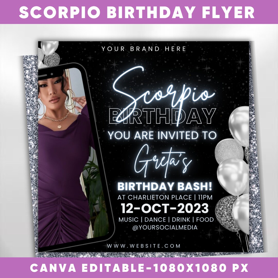 Scorpio Birthday Flyer, Birthday Template, Birthday Girl, Party Flyer ...
