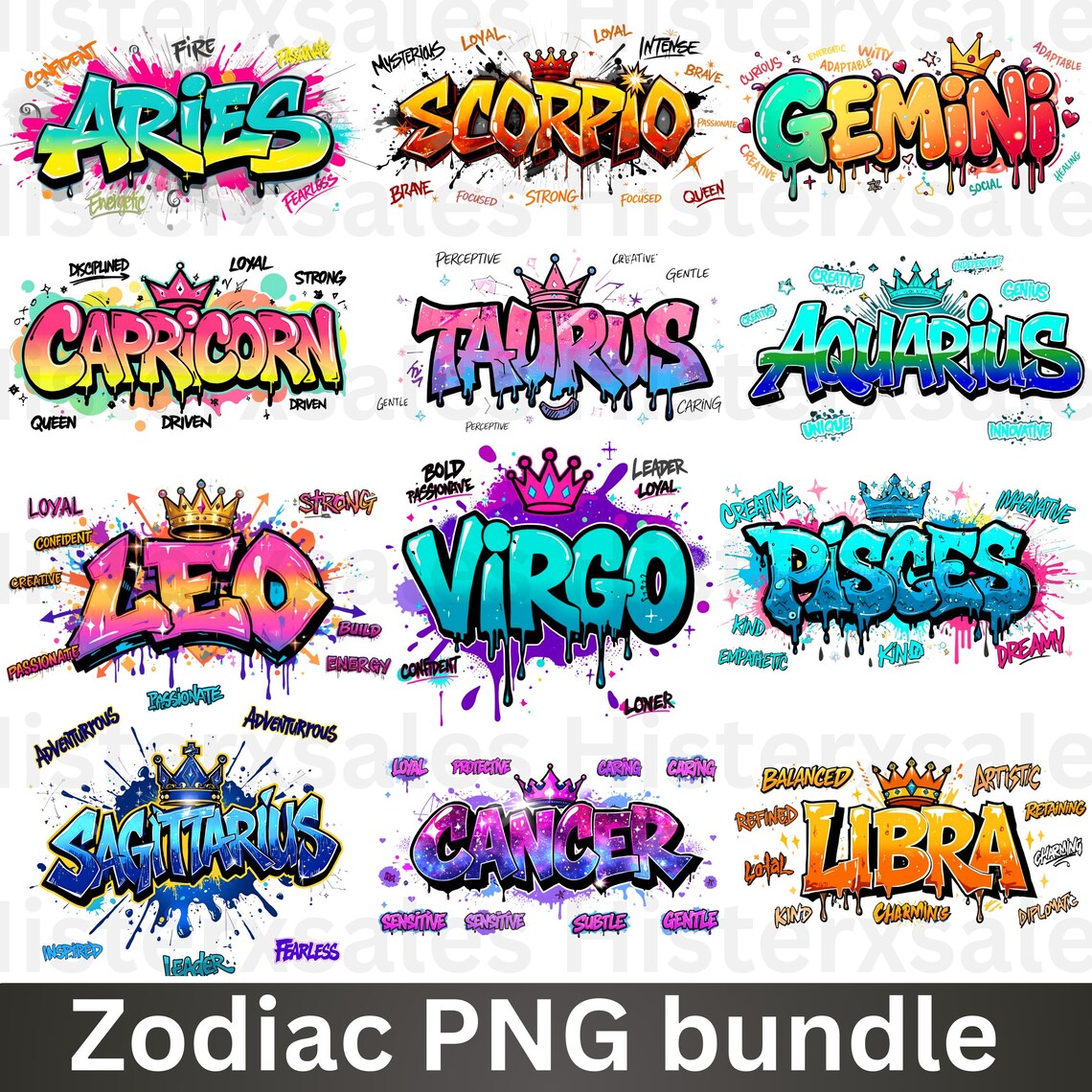 12 Zodiac PNG Bundle, Horoscope Designs for Sublimation, Printable ...