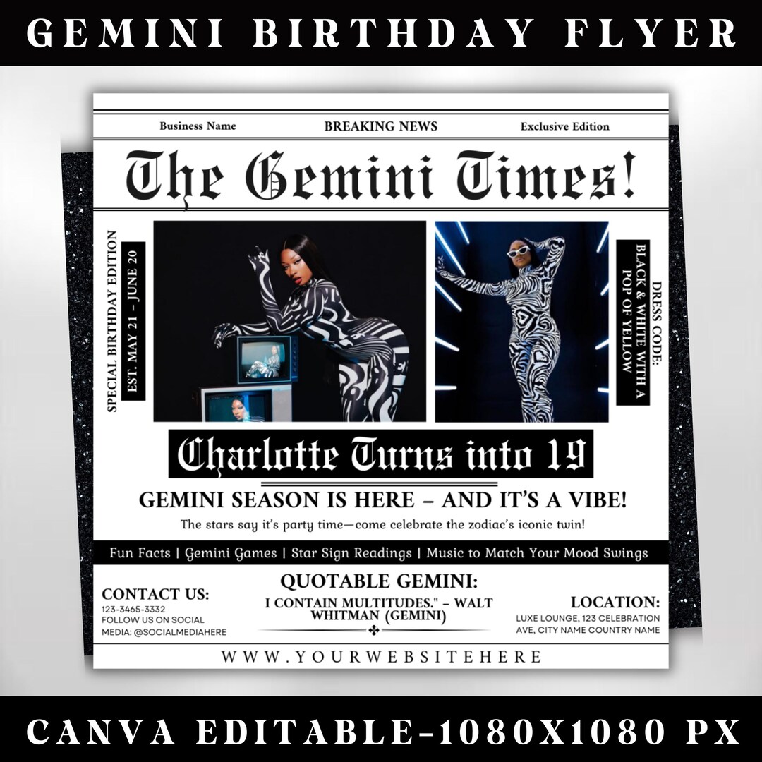 Gemini Birthday Flyer, Newspaper Birthday Template,birthday Girl,party ...