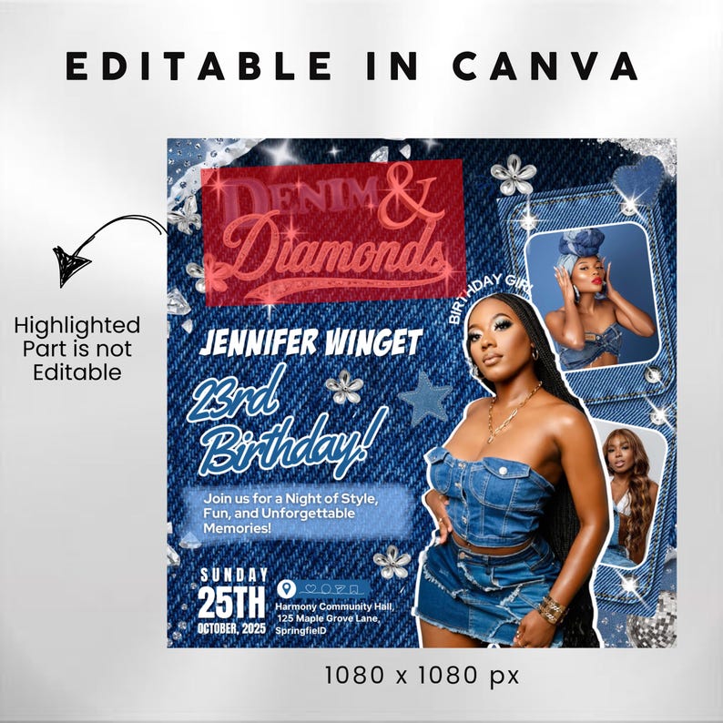 Denim and Diamonds Birthday Flyer | Editable Canva Template for Dinner ...