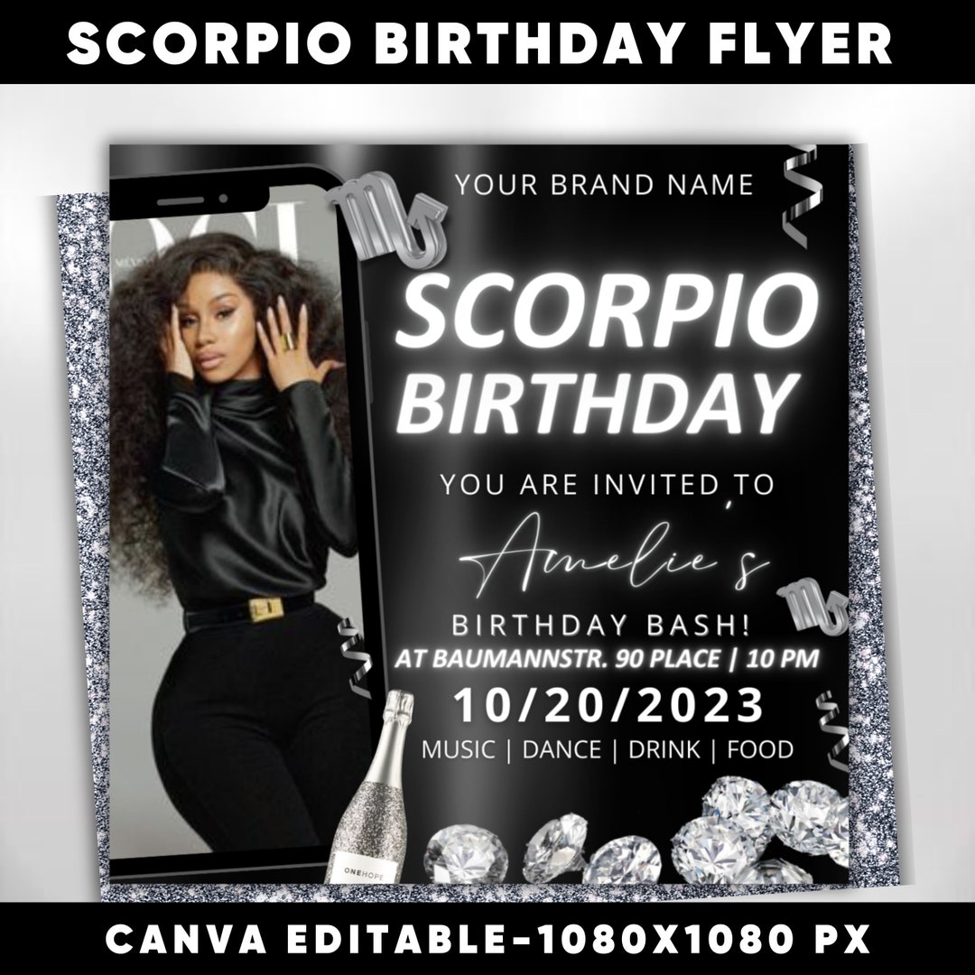 Scorpio Birthday Flyer, Birthday Template, Birthday Girl, Party Flyer ...